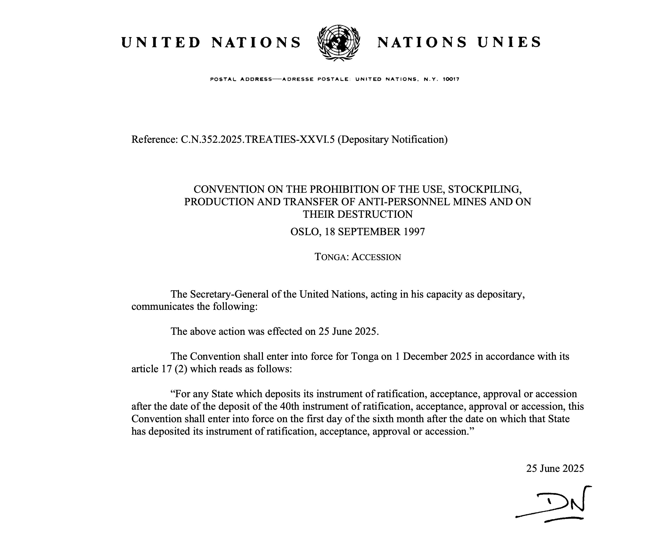 Tonga Becomes the 166th State Party to the Mine Ban Treaty - ICBLCMC